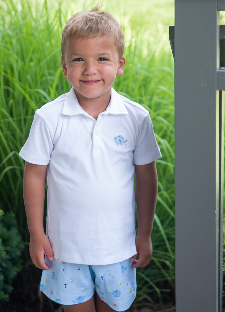 White Polo with Blue Fish, Lets Go Fishing – James and Lottie INC