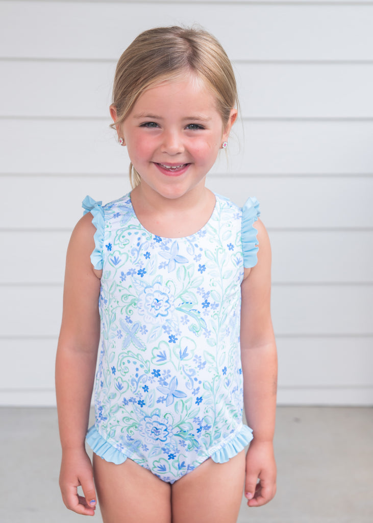 Audrey One Piece Swim, Blue Green Floral – James and Lottie INC
