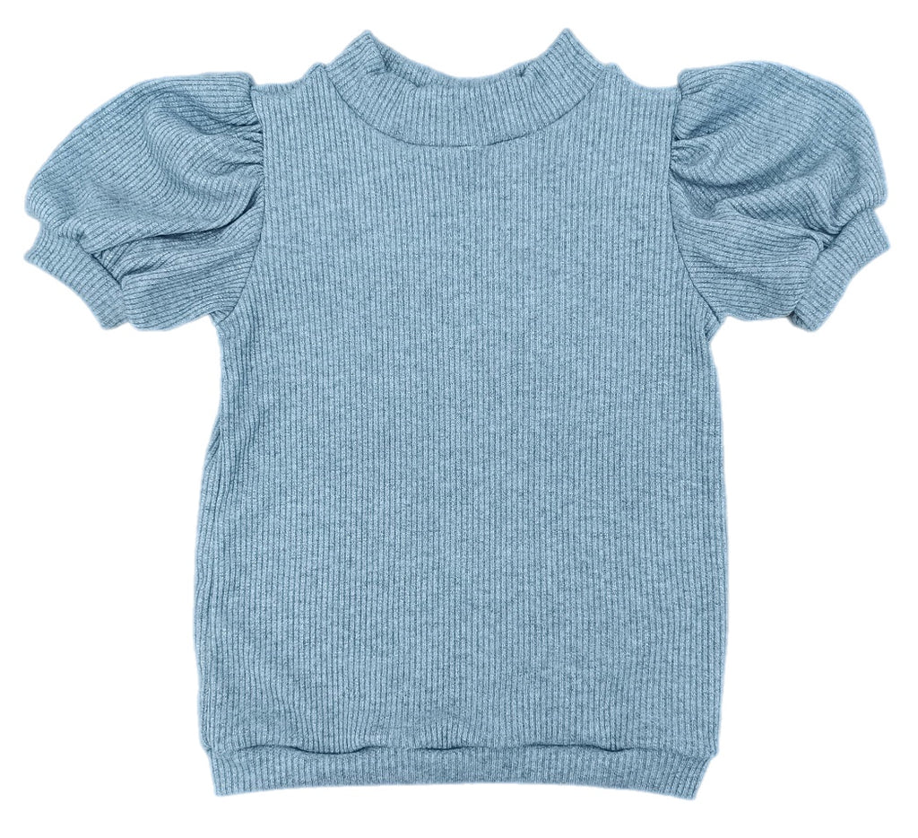 Blue Short Sleeve Puff Top, Basic Ribbed Sparkle BE (Ready to Ship ...